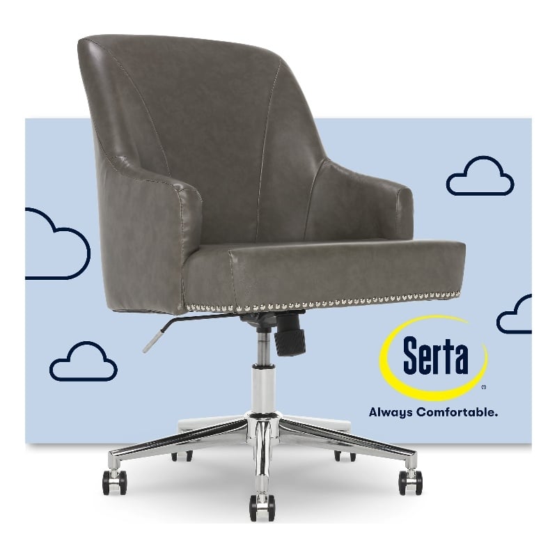 Serta Leighton Home Office Desk Chair Chrome Nailheads Bonded Leather Gray