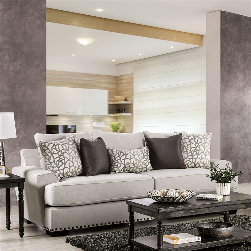 Grey couch with nailhead trim store
