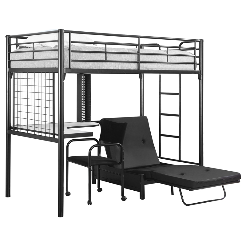 Pemberly Row Metal Twin Futon Workstation Loft Bed and Futon Pad Black Homesquare