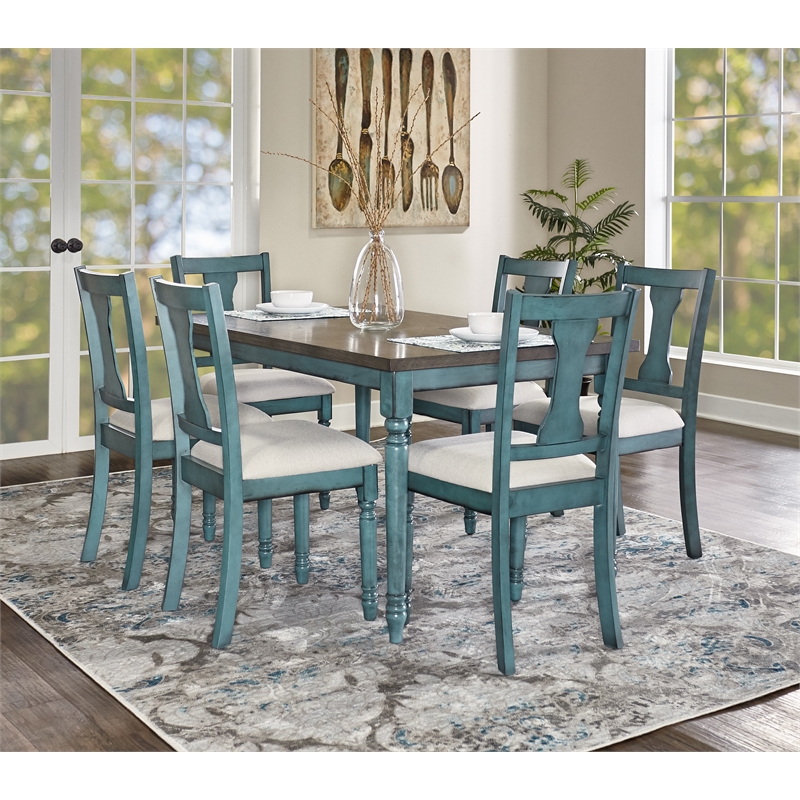 Linon Willow Wood 2 Tone Dining Table in Distressed Teal Blue