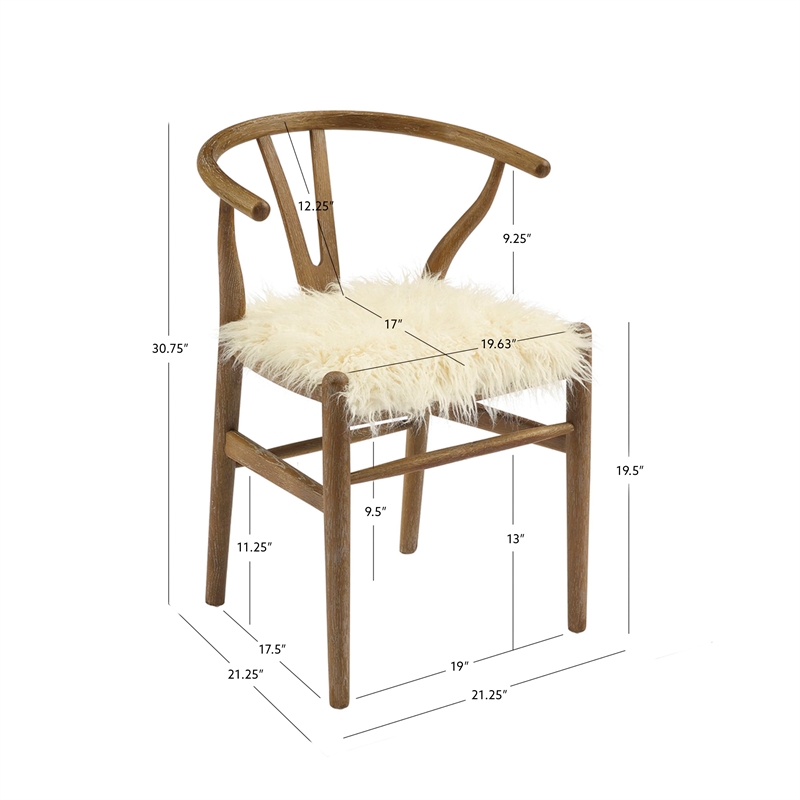 Linon Layla Wishbone Chair with Cream Faux Fur Seat in Brown Gray Washed Wood