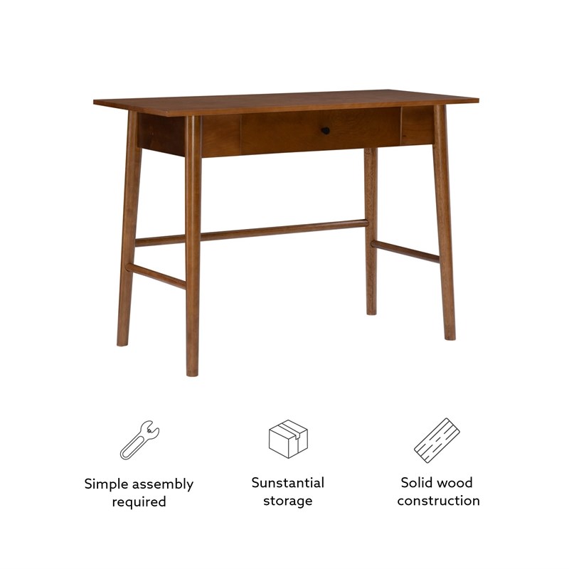 Linon Samantha 1 Drawer Mid Century Wood Desk with Rounded Legs in Walnut Brown