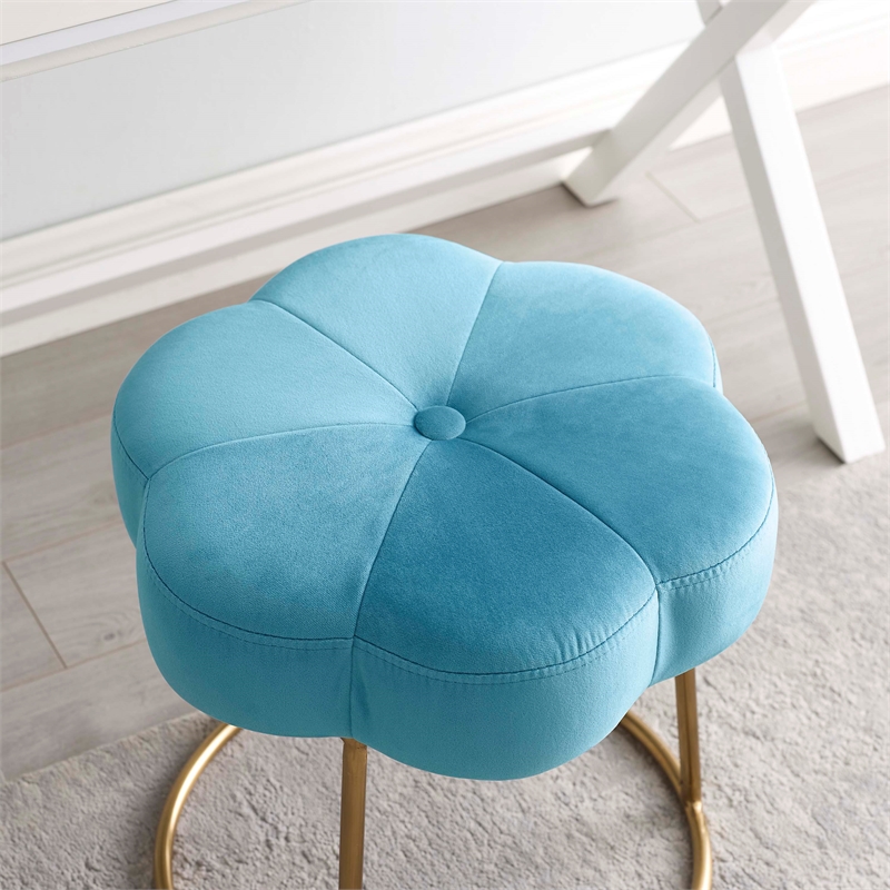 Linon Siena Gold Steel Base Upholstered Flower Shape Vanity Stool in Blue Velvet BushFurnitureCollection