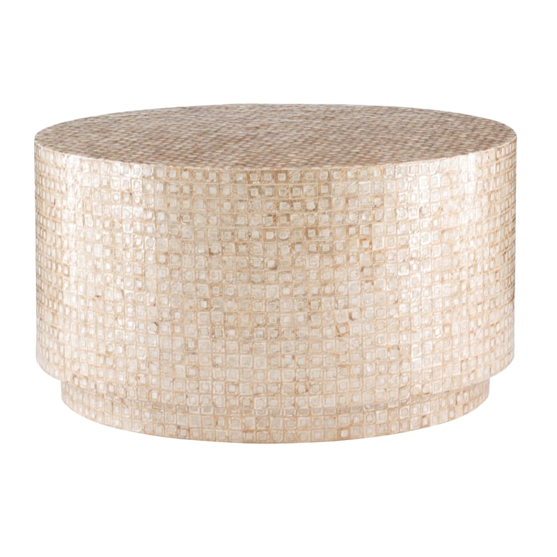 Linon Maui Round Coffee/Accent Table in Gold/Ivory Capiz Shell Mosaic ...