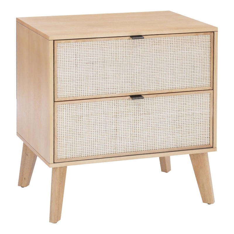 Linon Winnie Rubberwood Nightstand 2 Drawers Cane Front Panels in Natural Finish CYMX3340