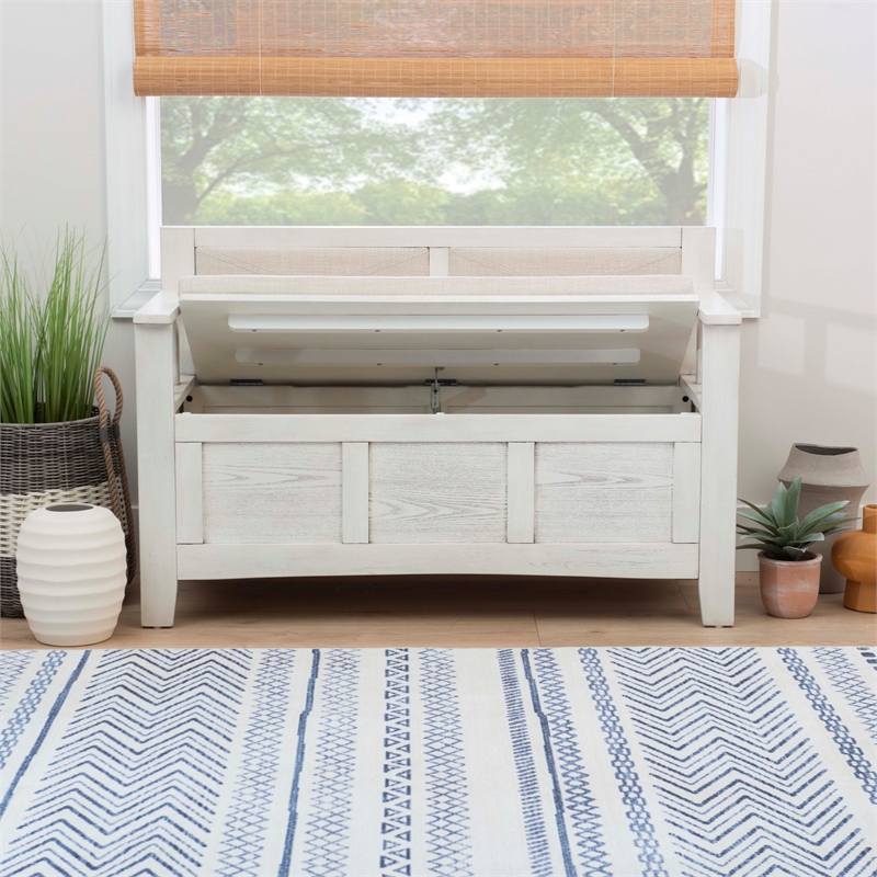 Linon Carlton Storage Bench Fabric Padded Back Seat in Smokey White Wood BushFurnitureCollection