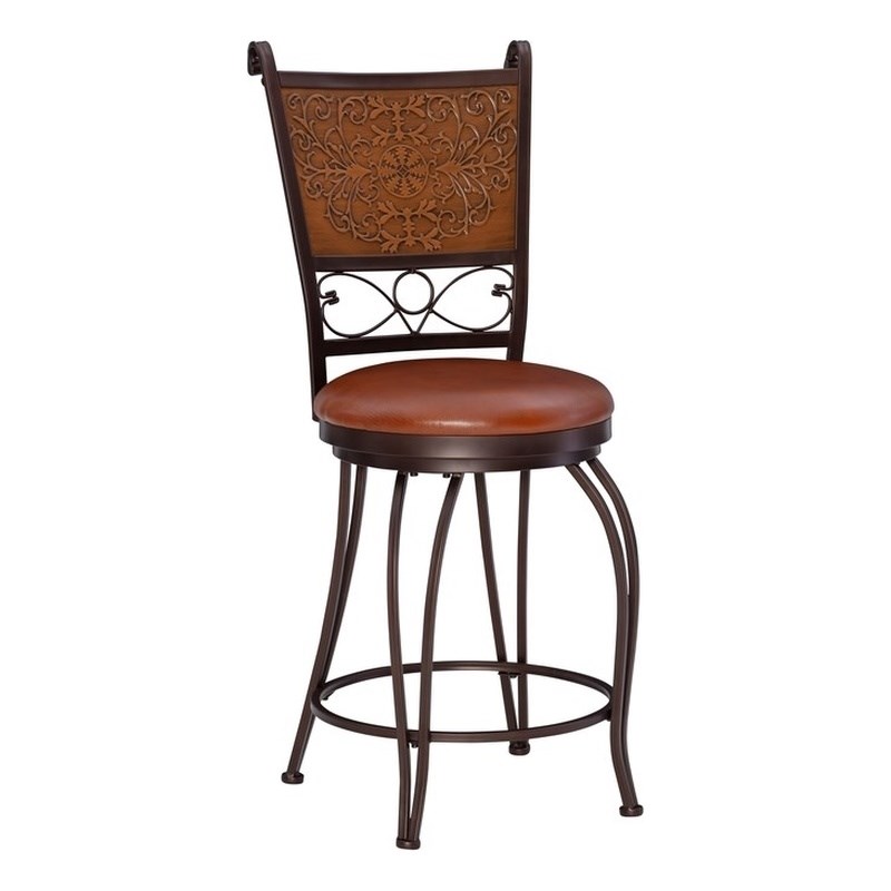 Linon Copper Stamped Back Swivel Faux Leather Steel Counter Stool in ...