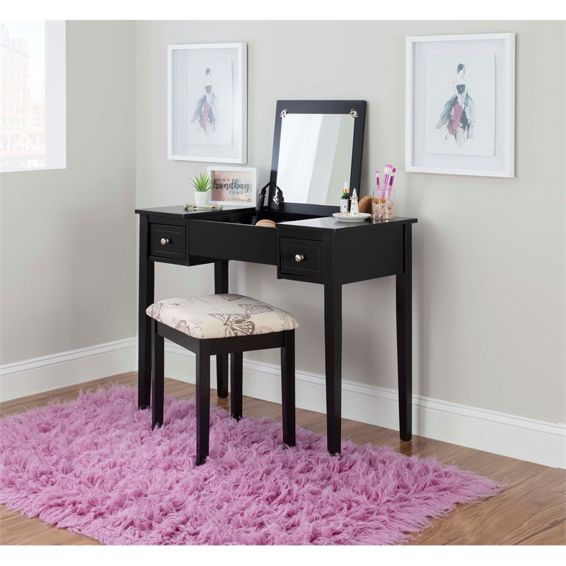Linon Butterfly Wood Vanity and Padded Stool Flip Up Mirror 2 Drawers ...