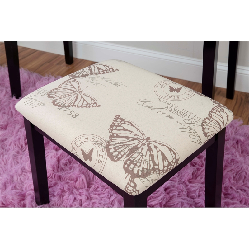 Linon Butterfly Wood Vanity and Padded Stool Flip Up Mirror 2 Drawers ...