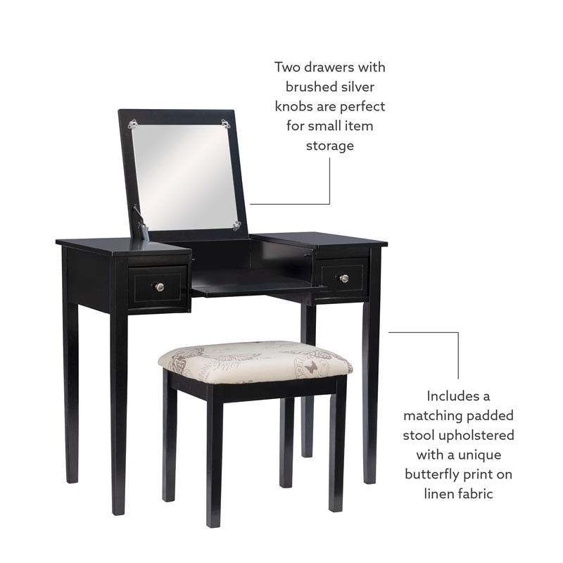 Linon Butterfly Wood Vanity and Padded Stool Flip Up Mirror 2 Drawers ...