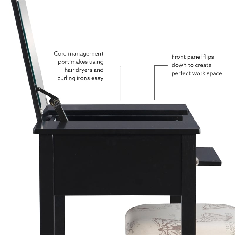 Linon Butterfly Wood Vanity and Padded Stool Flip Up Mirror 2 Drawers ...