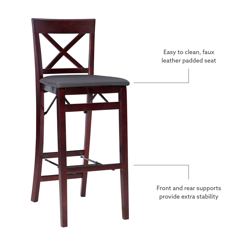 Linon Triena X Back Folding 30 Bar Stool Brown Faux Leather Seat in Merlot Wood Cymax Business