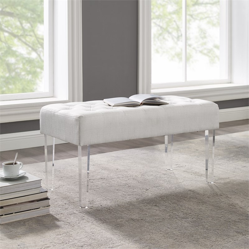 Linon Ella Clear Acrylic Leg Upholstered Tufted Bench in White/Silver ...