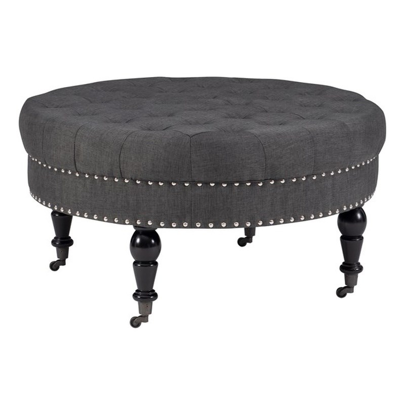 Linon Isabelle Round Upholstered Ottoman Wood Legs in Charcoal Gray ...