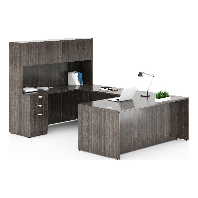 Boss Office U-Shape Desk Credenza with Pedestal and Hutch in Driftwood ...
