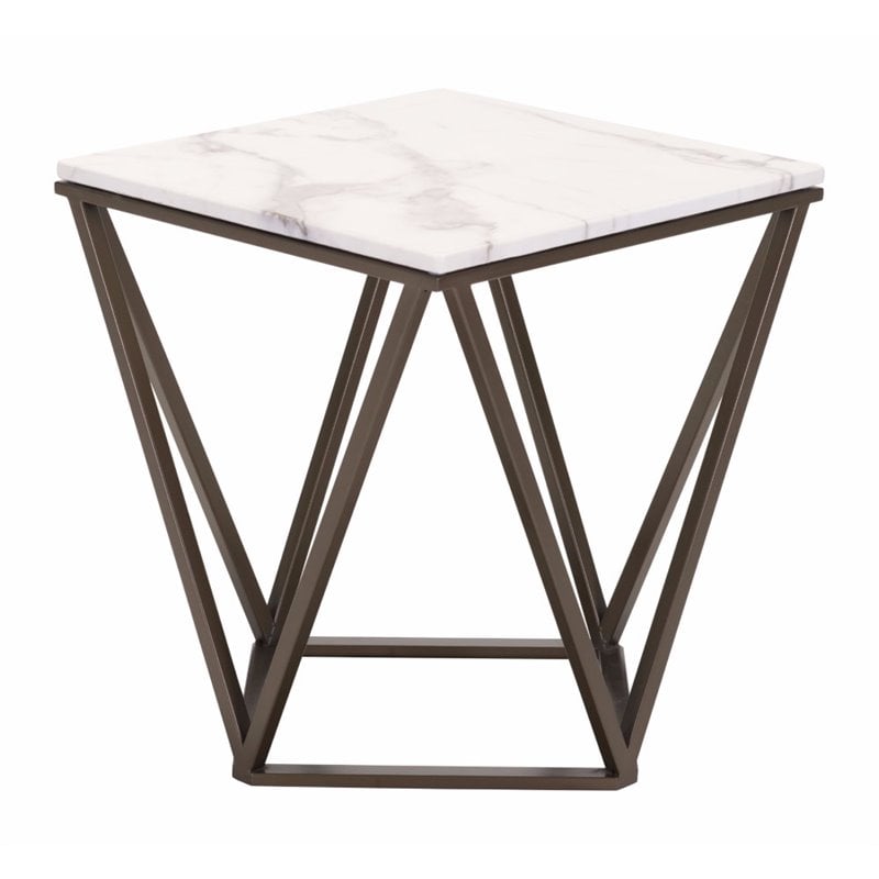 ZUO Tintern Faux Marble Top End Table in Stone and Antique Brass ...