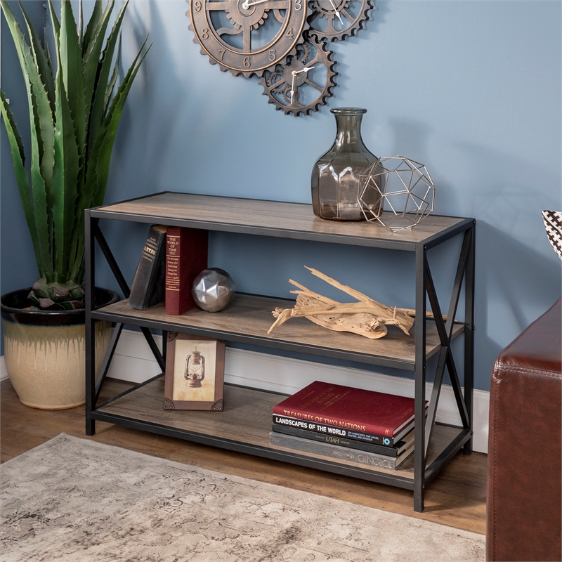 3 Shelf X-Frame Metal Media Bookcase in Driftwood - BS40XMWAG