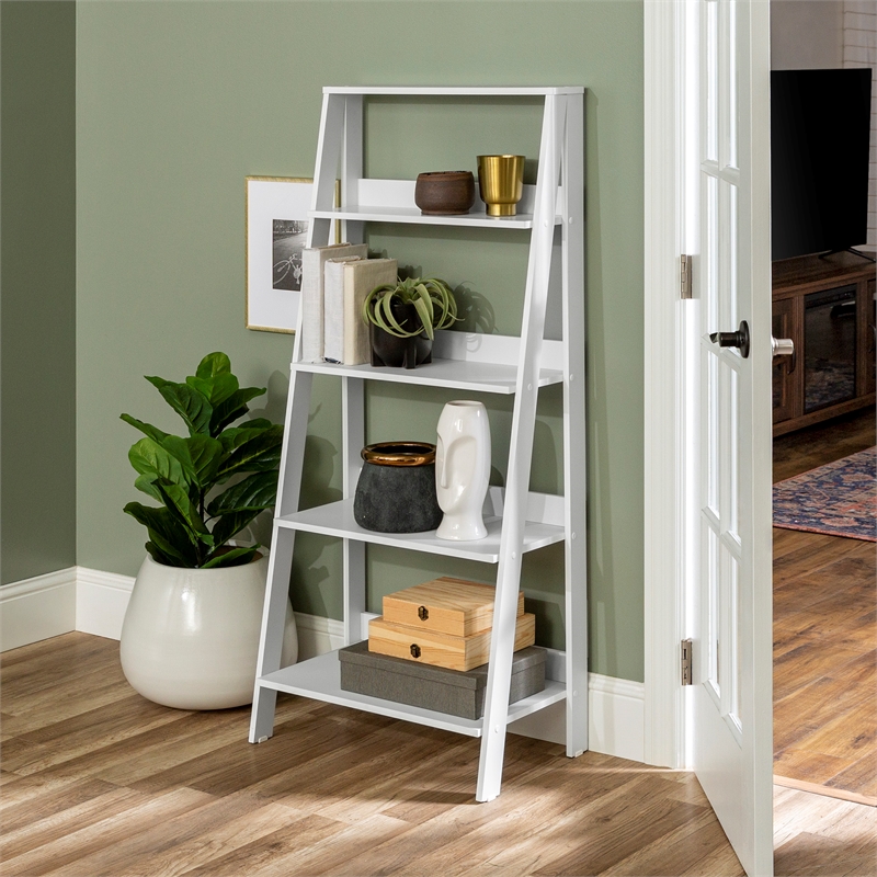 Walker Edison 4 Shelf Transitional Wood Ladder Bookcase in White ...