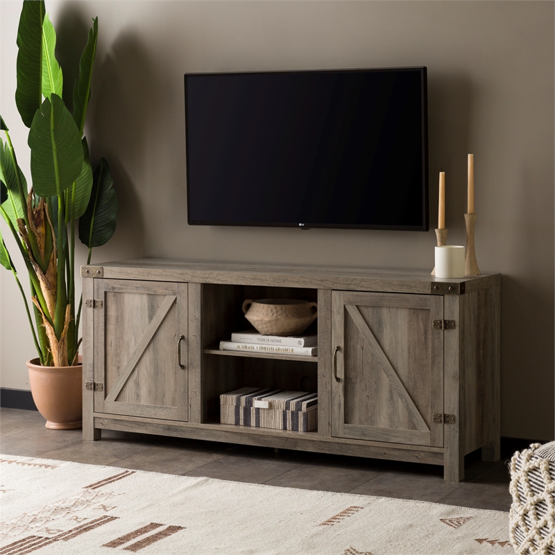 Walker Edison 58" Farmhouse Barndoor TV Stand in Gray Wash | Cymax Business