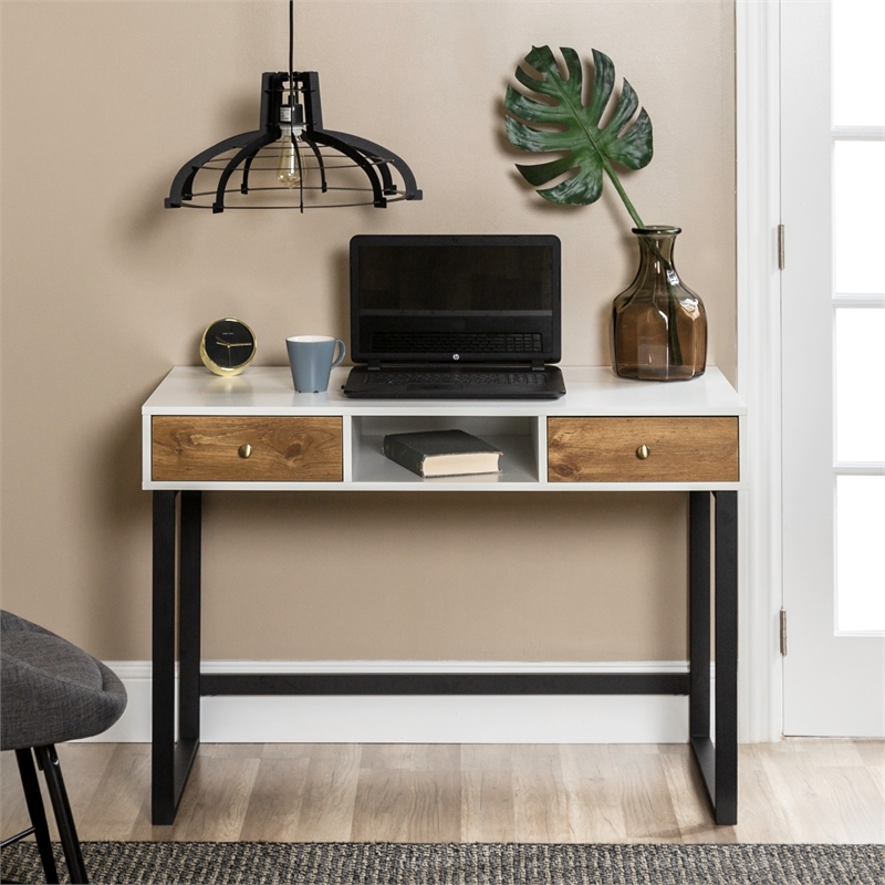 44" Modern Two-Tone Desk With Drawers- White and Barnwood | Cymax Business