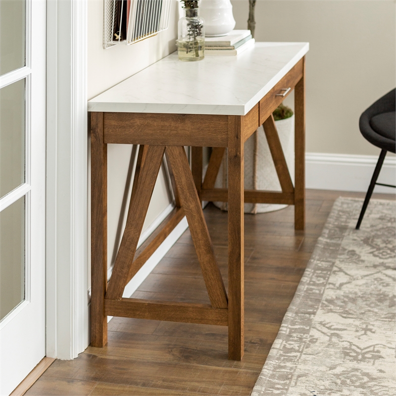 46" Wood A-Frame Desk with Natural Walnut Base and White Faux-Marble ...