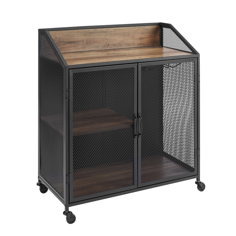 33 inch Industrial Black and Rustic Oak Metal and Wood Bar Cabinet with ...