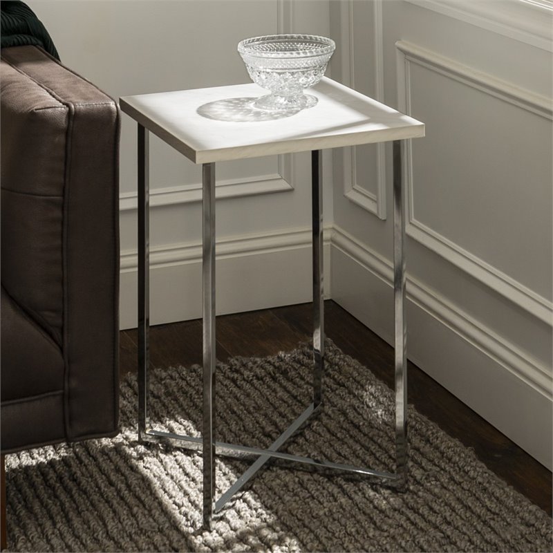 16 inch Square Side Table with White Faux Marble and Chrome Legs ...