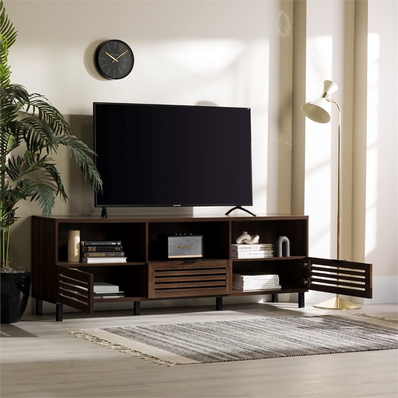 70 inch Wood Slat Door TV Stand Console in Dark Walnut