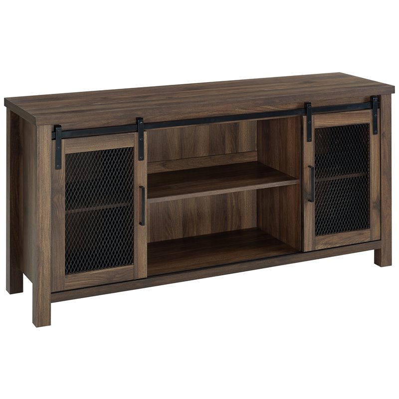 58" Industrial TV Stand with Sliding Mesh Door - Dark Walnut - W58SMDDW
