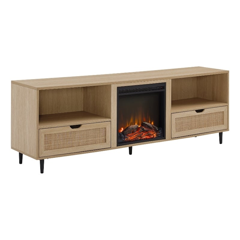 70" Modern Wood Fireplace Console with Rattan Door - Oak | Bush ...
