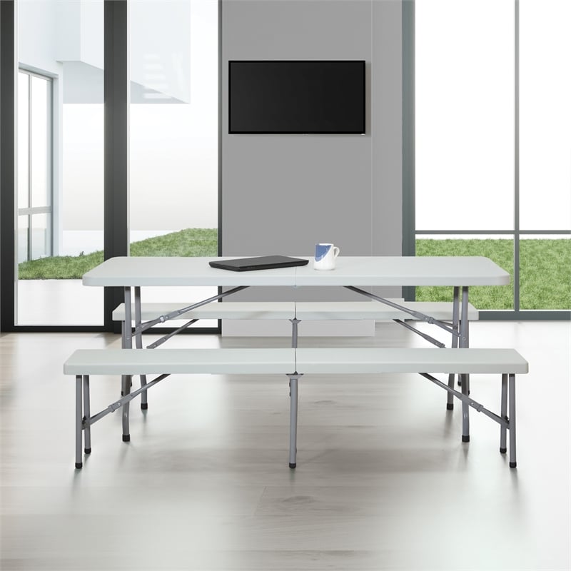 3 Piece Light Gray Resin Folding Table and Bench Set | Cymax Business