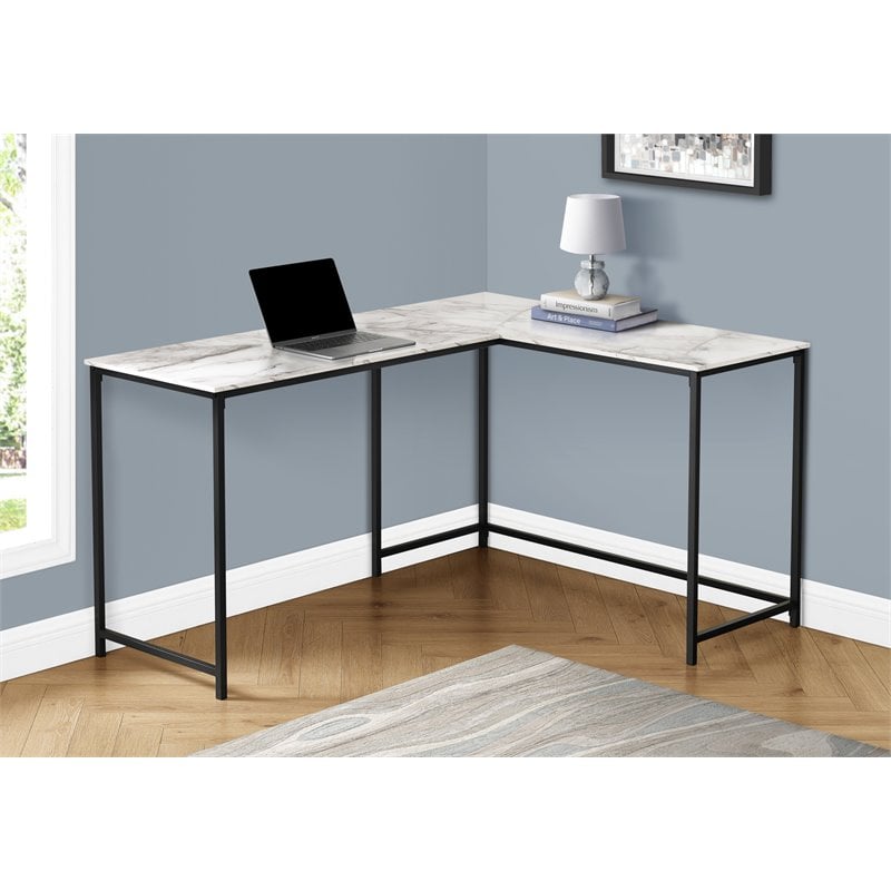 Computer Desk Corner 58"L L Shape Work Laptop Metal White Marble Look ...