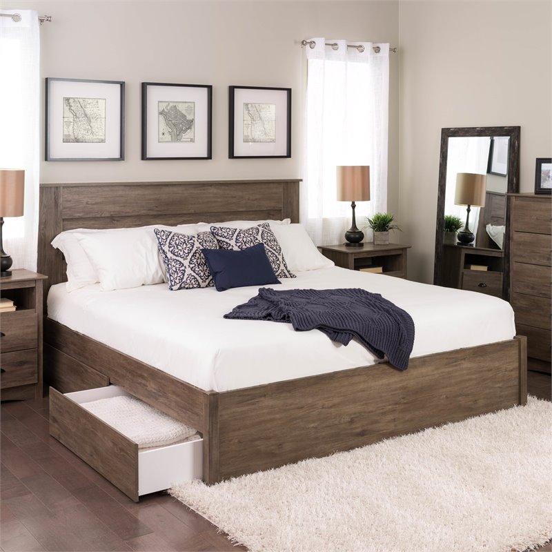 Prepac Select King 4-Post Platform Bed with 4 Drawers in Drifted Gray ...