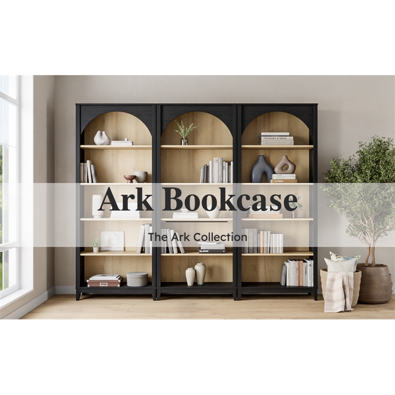 Ark 78" Tall 5-Tier Arched Bookcase Black Oak with Oak Finish Interior | Cymax Business