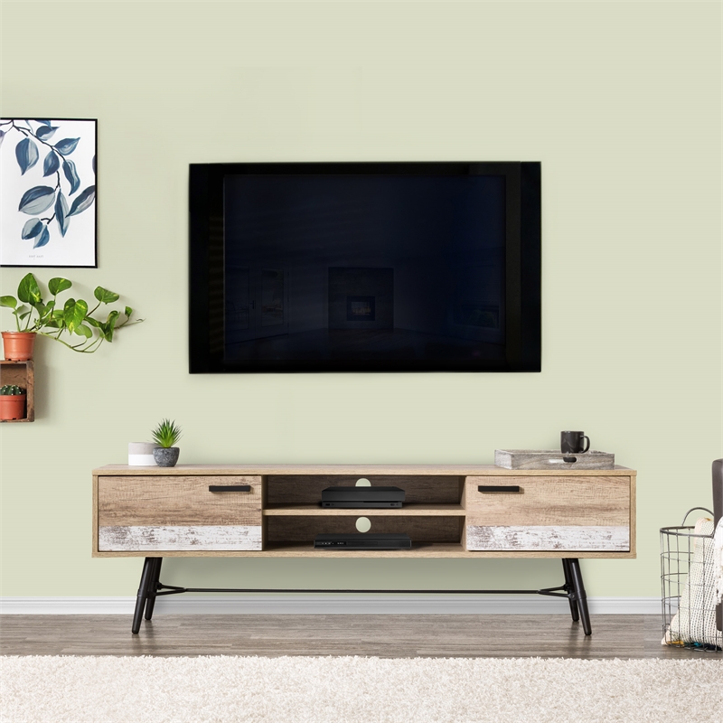 Aurora Distressed Warm Beige Engineered Wood TV Bench for TVs up to 85 ...
