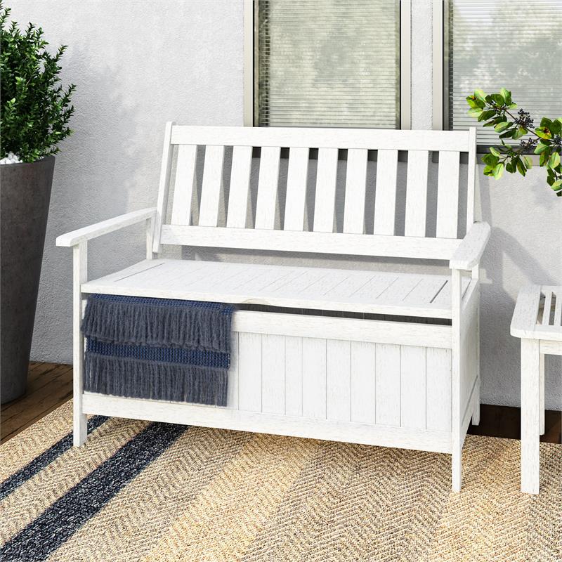 CorLiving Miramar White Washed Wood Outdoor Storage Bench | Cymax Business
