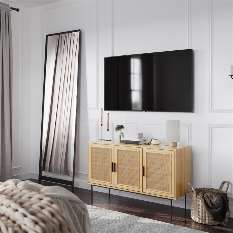 Emmett Light Brown Engineered Wood and Rattan Contemporary Sideboard Buffet