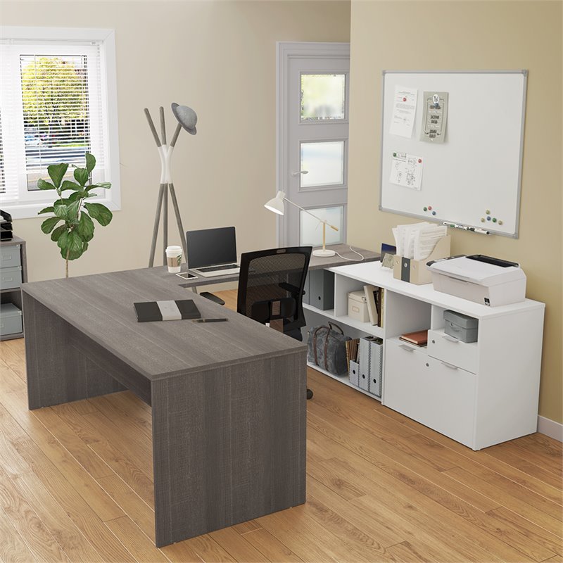 Bestar i3 Plus U Shape Computer Desk in Bark Gray and White - 160860-4717
