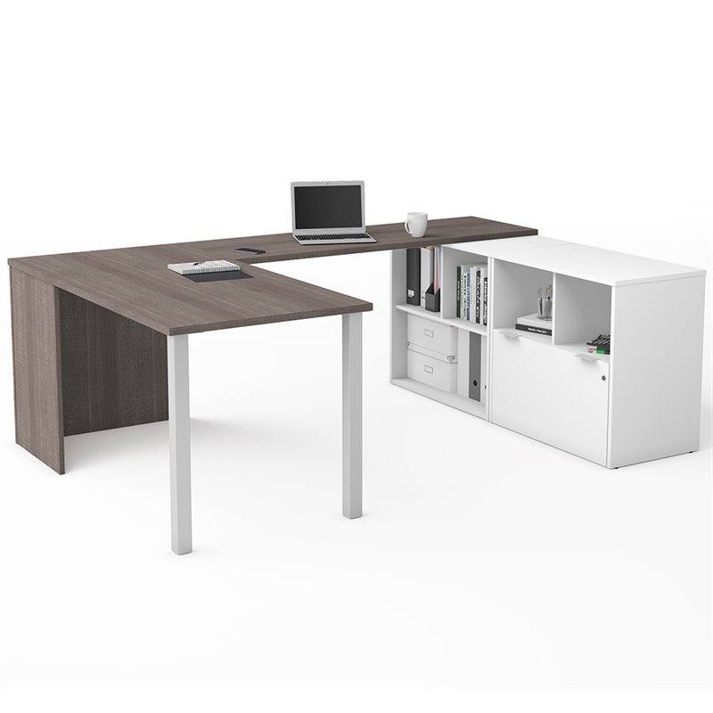 Bestar i3 Plus U Shape Computer Desk in Bark Gray and White