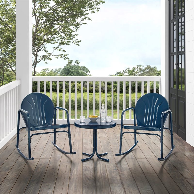 Crosley Furniture Griffith 3 Piece Metal Outdoor Rocking Chair Set in Navy Gloss
