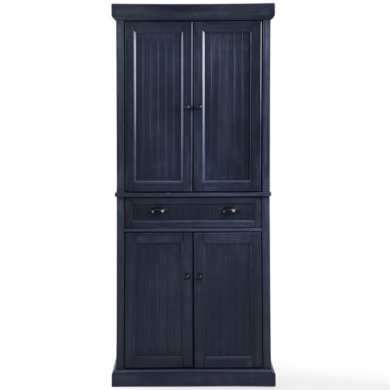 Crosley Furniture Seaside Coastal Wood Metal Pantry in Distressed Navy and Black