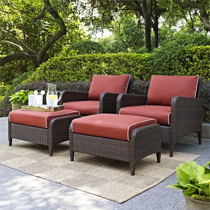 Crosley Kiawah Wicker Patio Chair with Ottoman in Brown and Sangria ...
