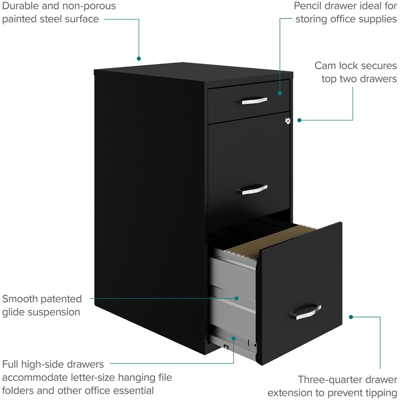 Space Solutions 18in Deep 3 Drawer Metal Organizer File Cabinet Black ...