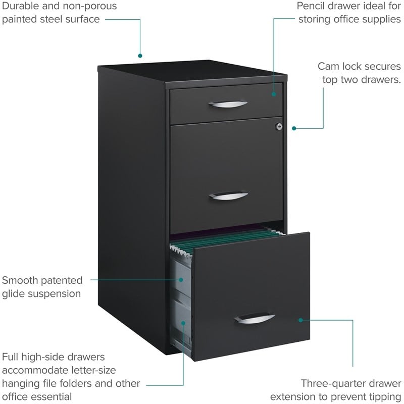 Space Solutions Contemporary 3 Drawer Metal File Cabinet in Charcoal