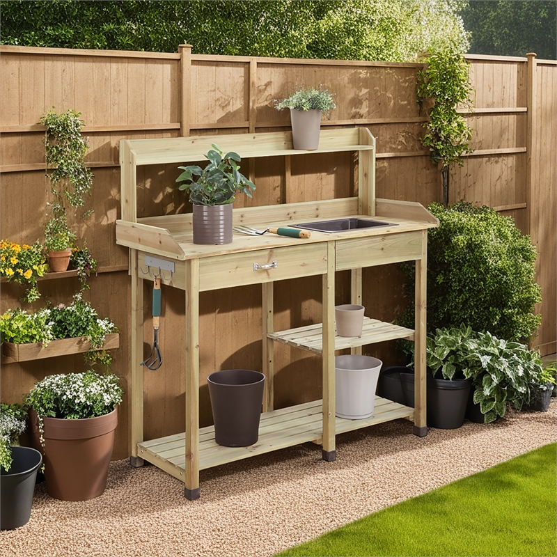 Convenience Concepts Deluxe Potting Bench in Natural Fir Wood Finish ...