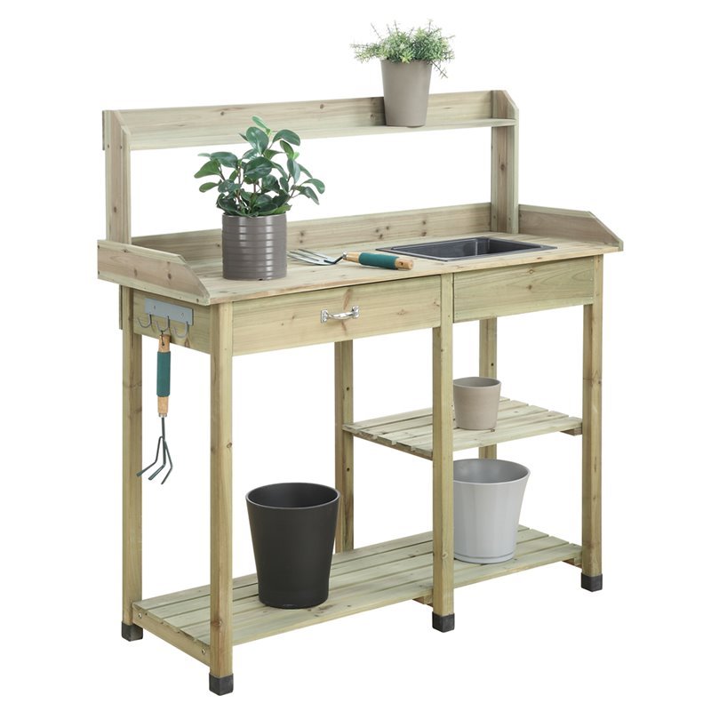 Convenience Concepts Deluxe Potting Bench in Natural Fir Wood Finish ...