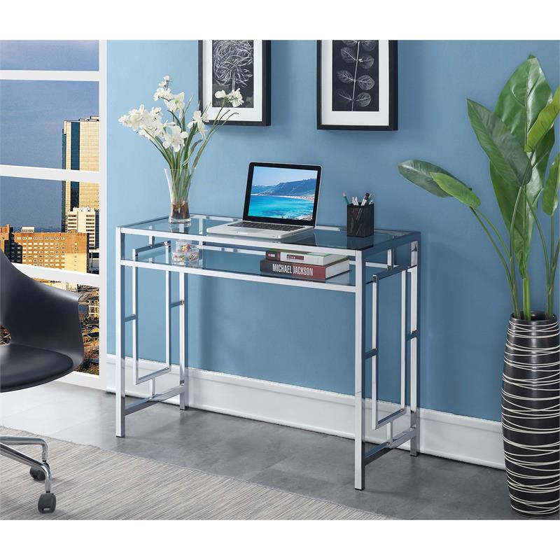 Convenience Concepts Town Square Desk With Shelf in Clear Glass and ...