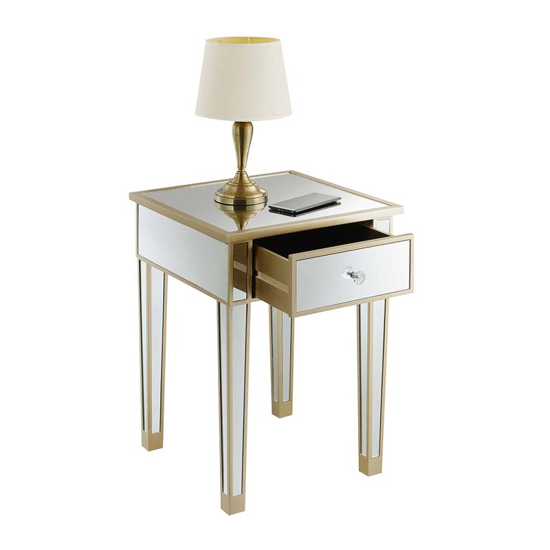 Gold Coast Mirrored Glass End Table with Drawer in White Wood Finish BushFurnitureCollection