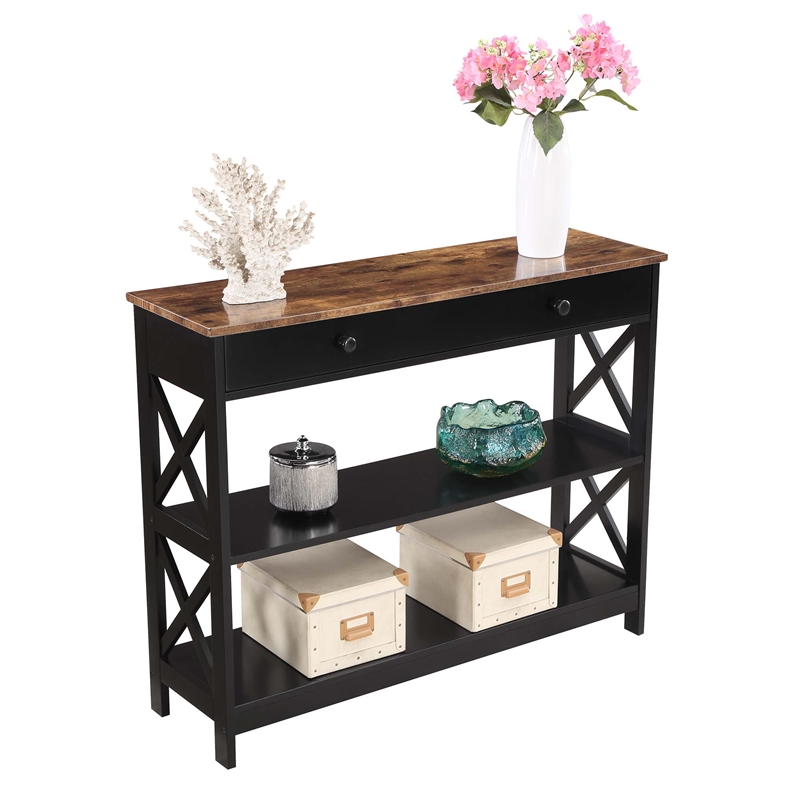 Oxford One-Drawer Console Table with Shelves in Black and Barnwood Wood ...