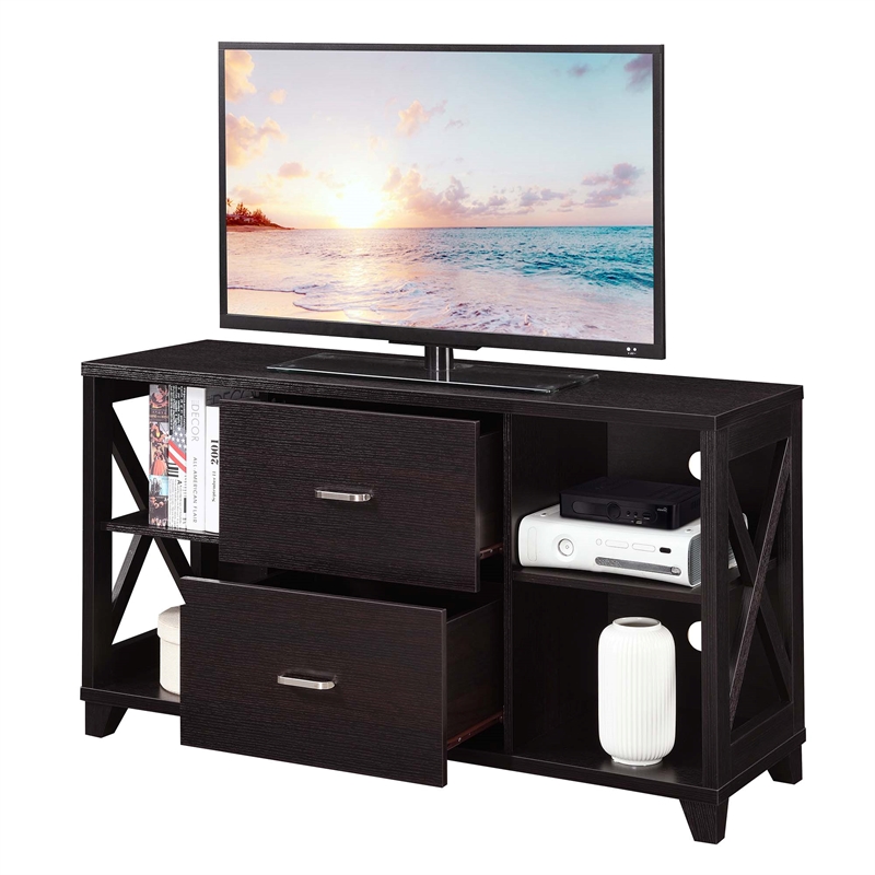 Oxford Deluxe Two-Drawer TV Stand with Shelves in Espresso Wood Finish ...